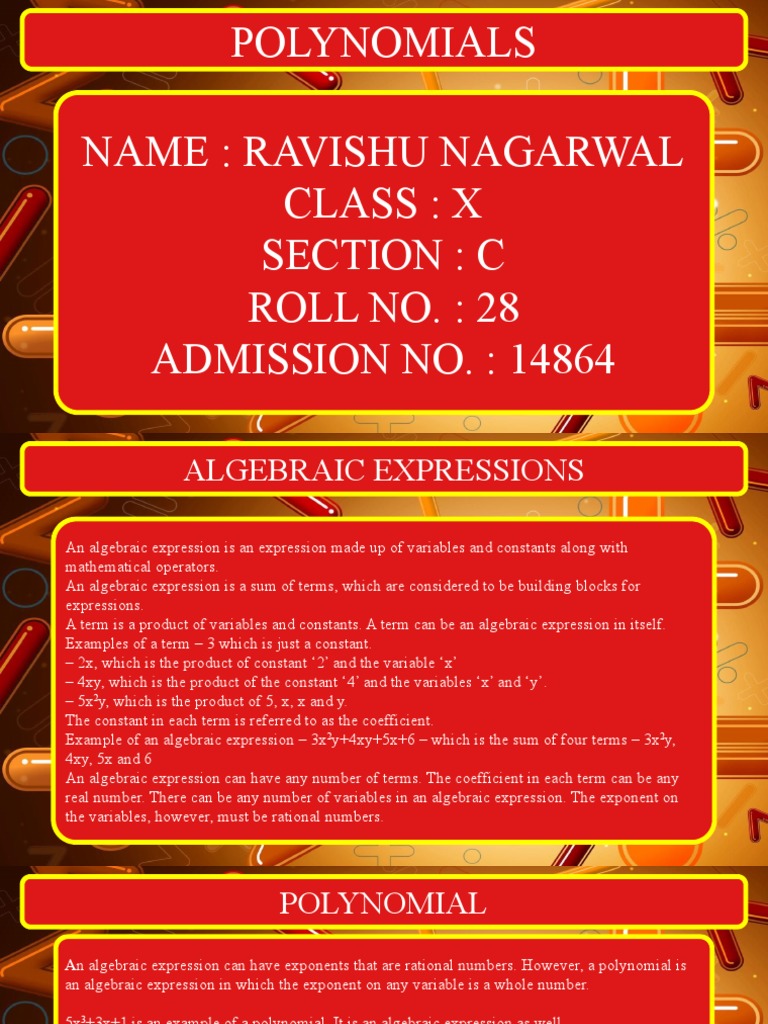 Polynomials Name: Ravishu Nagarwal Class: X Section: C Roll No.: 28 ADMISSION NO.: 14864 | PDF ...