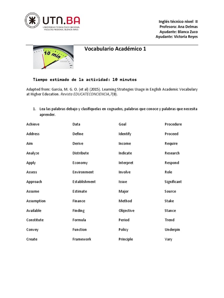 Vocabulario Académico 1: Clasificación inicial de palabras y ...