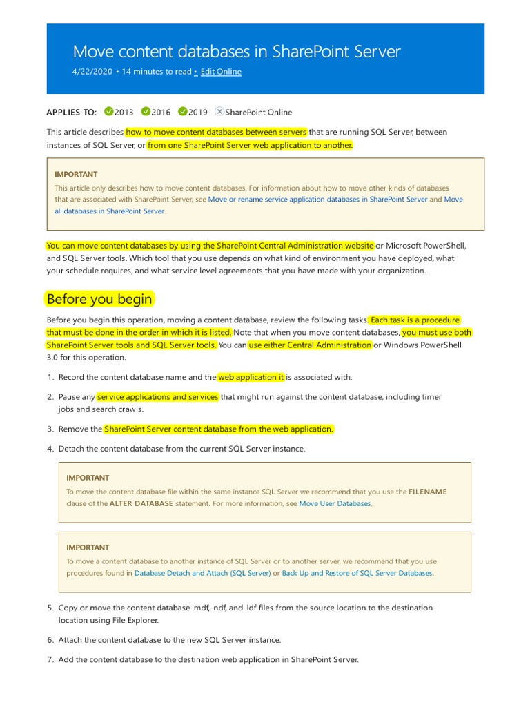 Move Content Databases in SharePoint Server | PDF | Share Point | Microsoft Sql Server