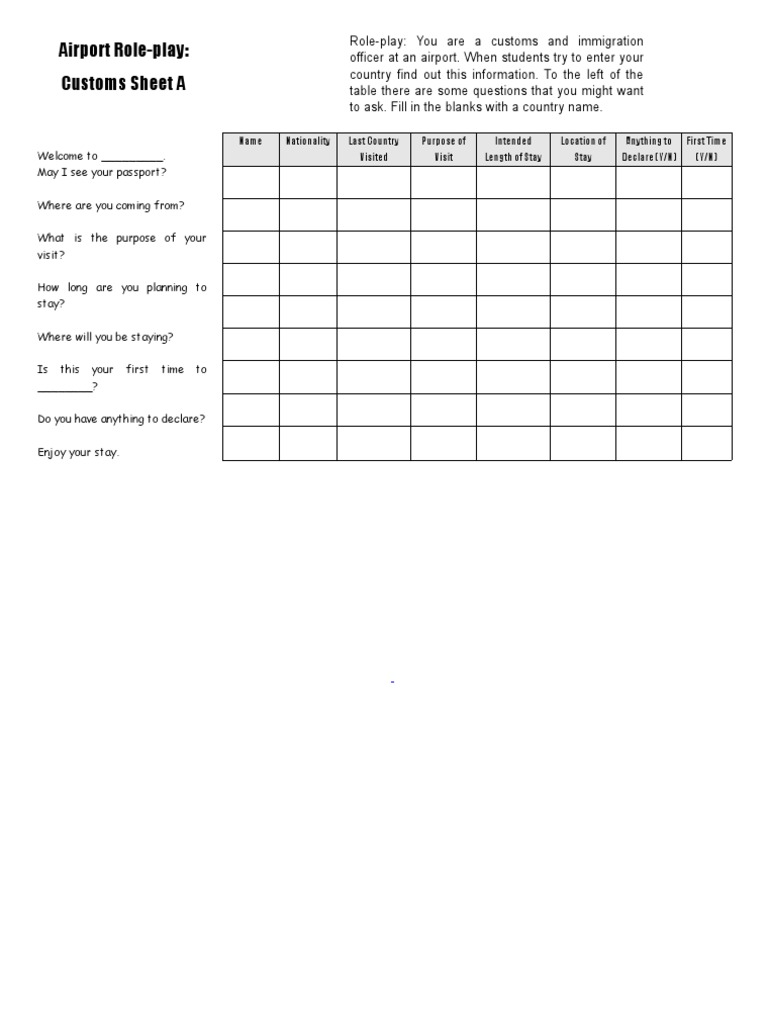 Airport Role-Play: Customs Sheet A | PDF