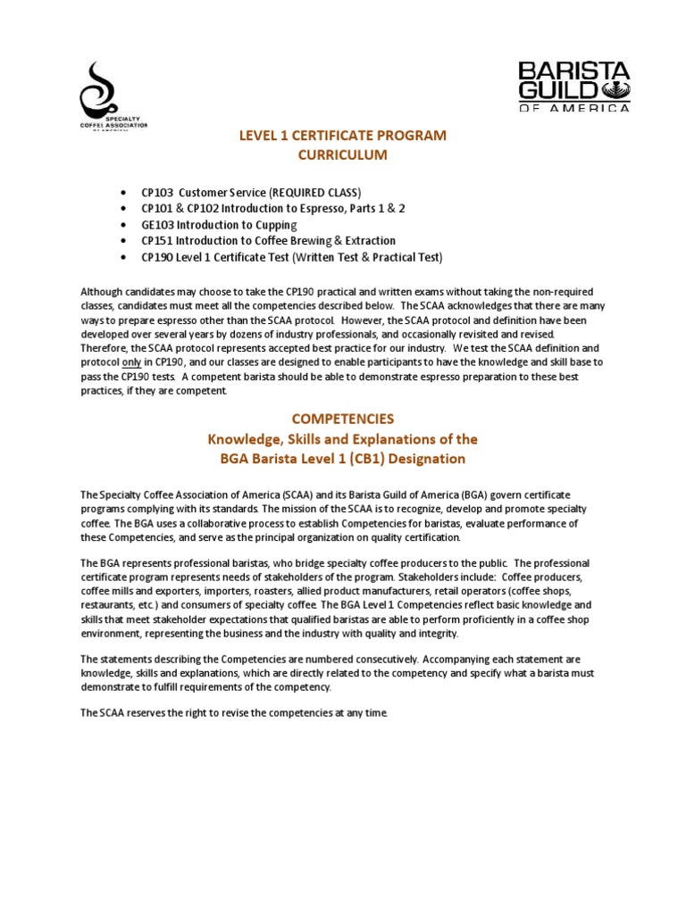 Barista Level 1 Study Guide | PDF | Coffee | Competence (Human Resources)