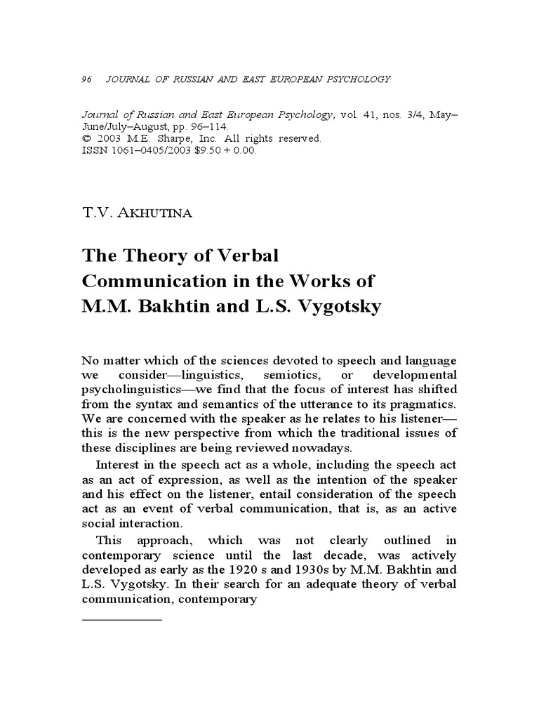2003 - T. v. Akhutina - The Theory of Verbal Communication in The Works of M. M. Bakhtin and L ...