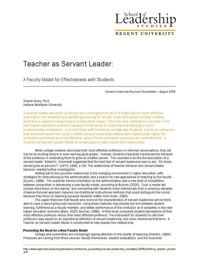 Teacher As Servant Leader:: A Faculty Model For Effectiveness With ...