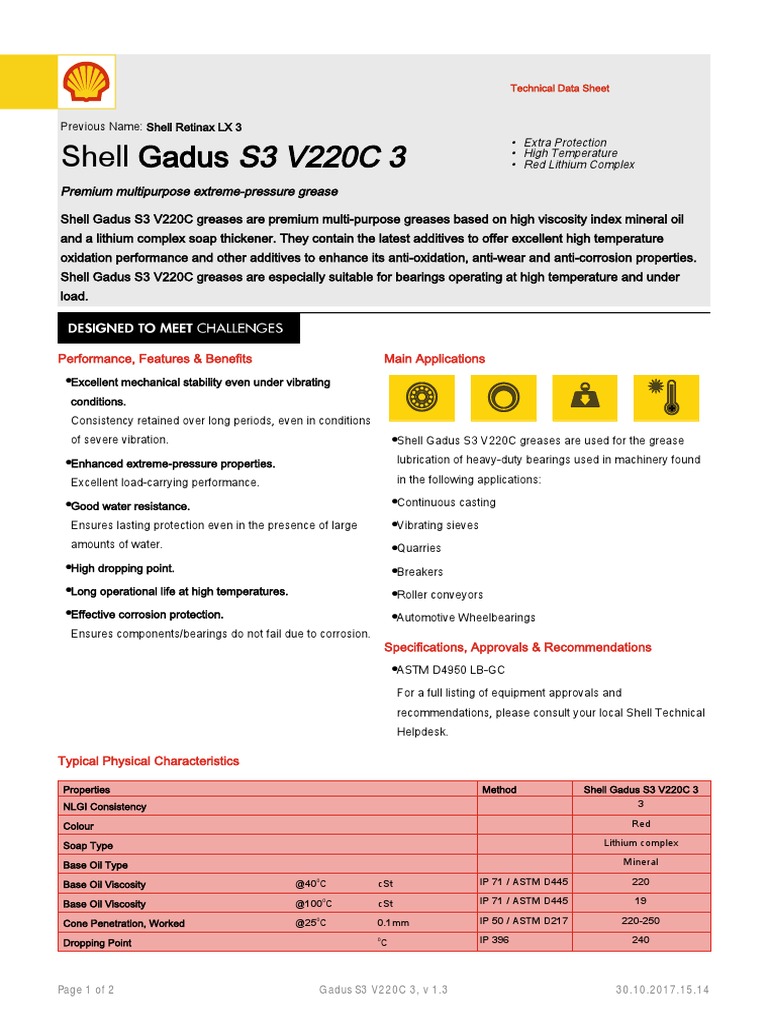 Shell Gadus S3 V220C 3 Technical Data Sheet | PDF | Materials ...