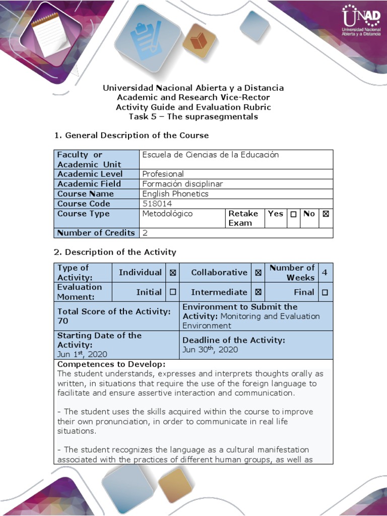 Activity Guide and Evaluation Rubrics - Task 5 - The Suprasegmentals | PDF | Turnitin | Rubric ...
