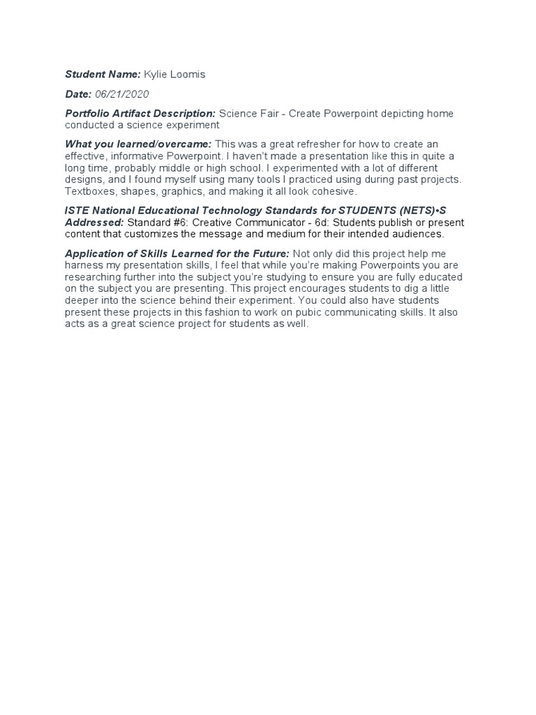 Science Fair Reflection - Kylie Loomis | PDF
