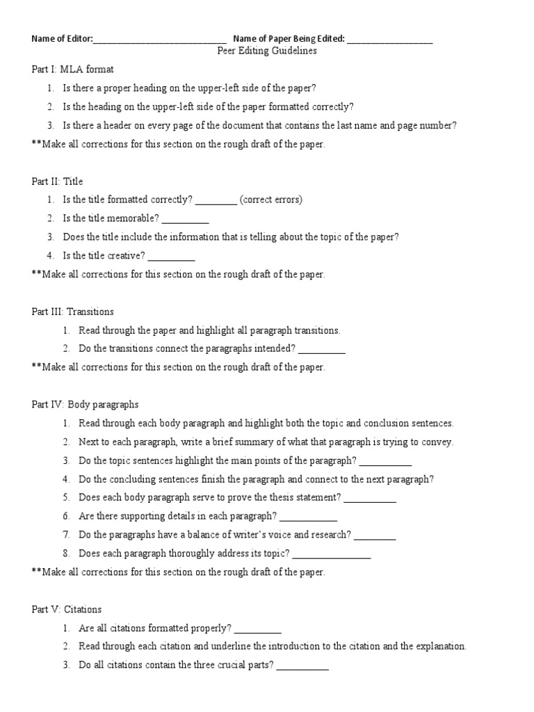Peer Editing Guidelines for MLA Papers | PDF | Citation | Paragraph
