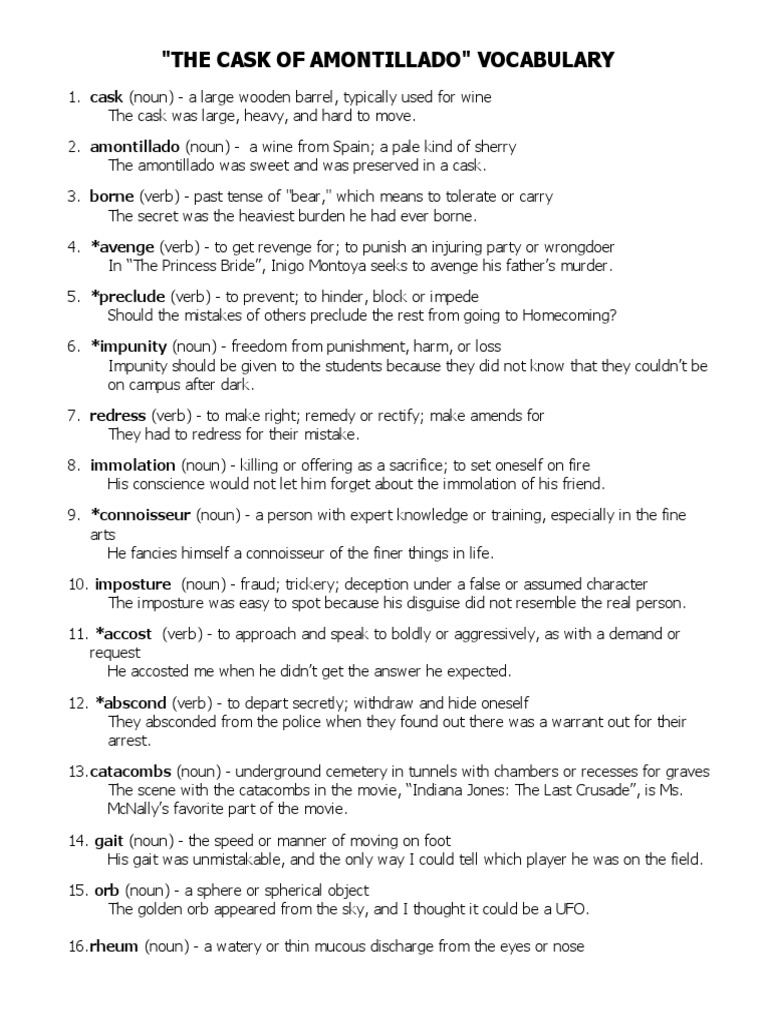 Cask of Amontillado Vocabulary Sheet | PDF | Barrel