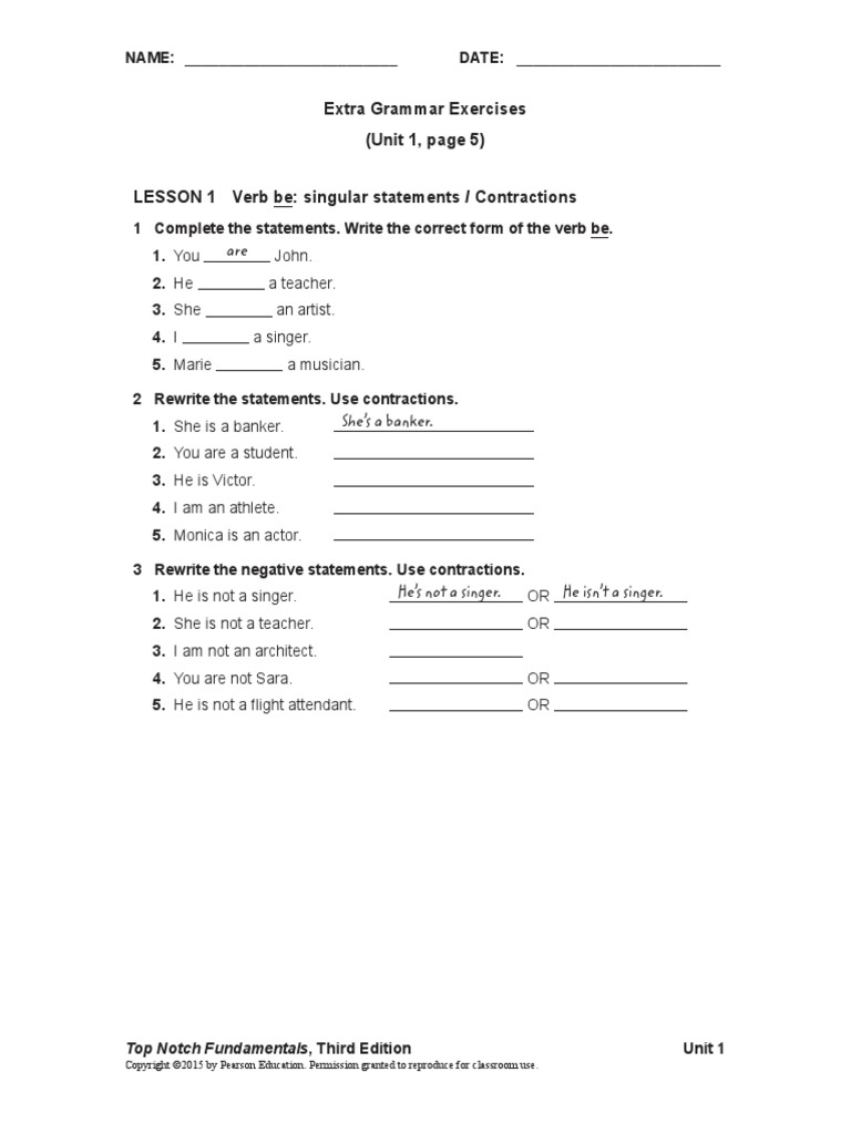 Extra Grammar Exercises (Unit 1, Page 5) : Top Notch Fundamentals, Third Edition | PDF ...