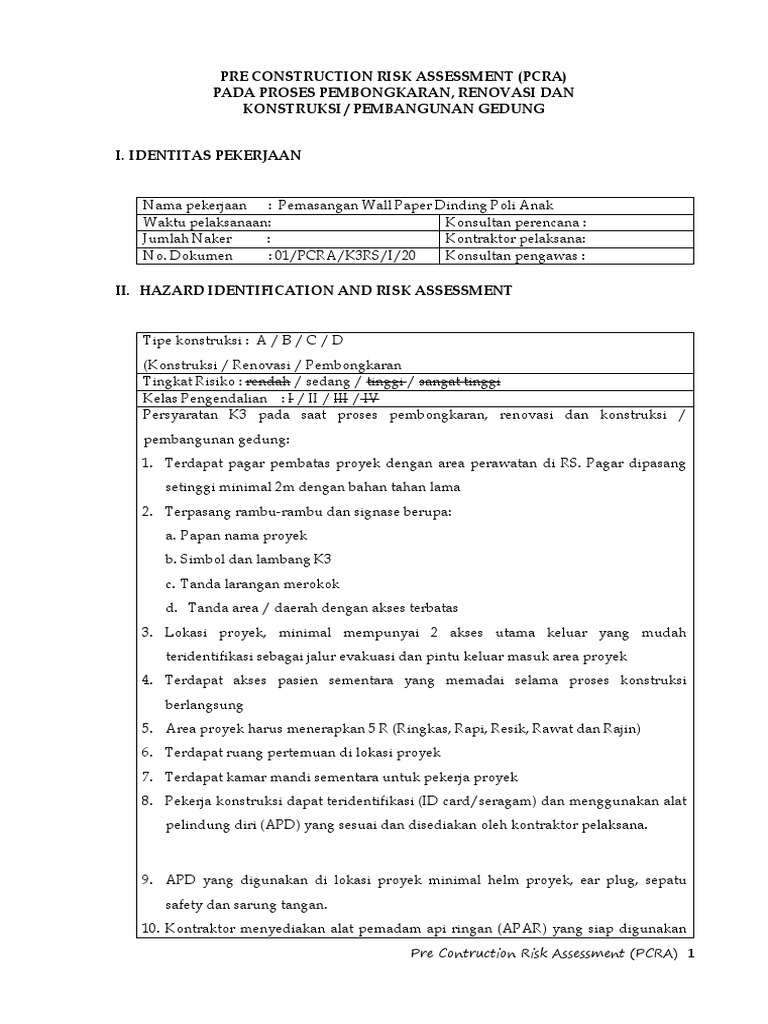 20-01 Pre Construction Risk Assessment Poli Anak | PDF