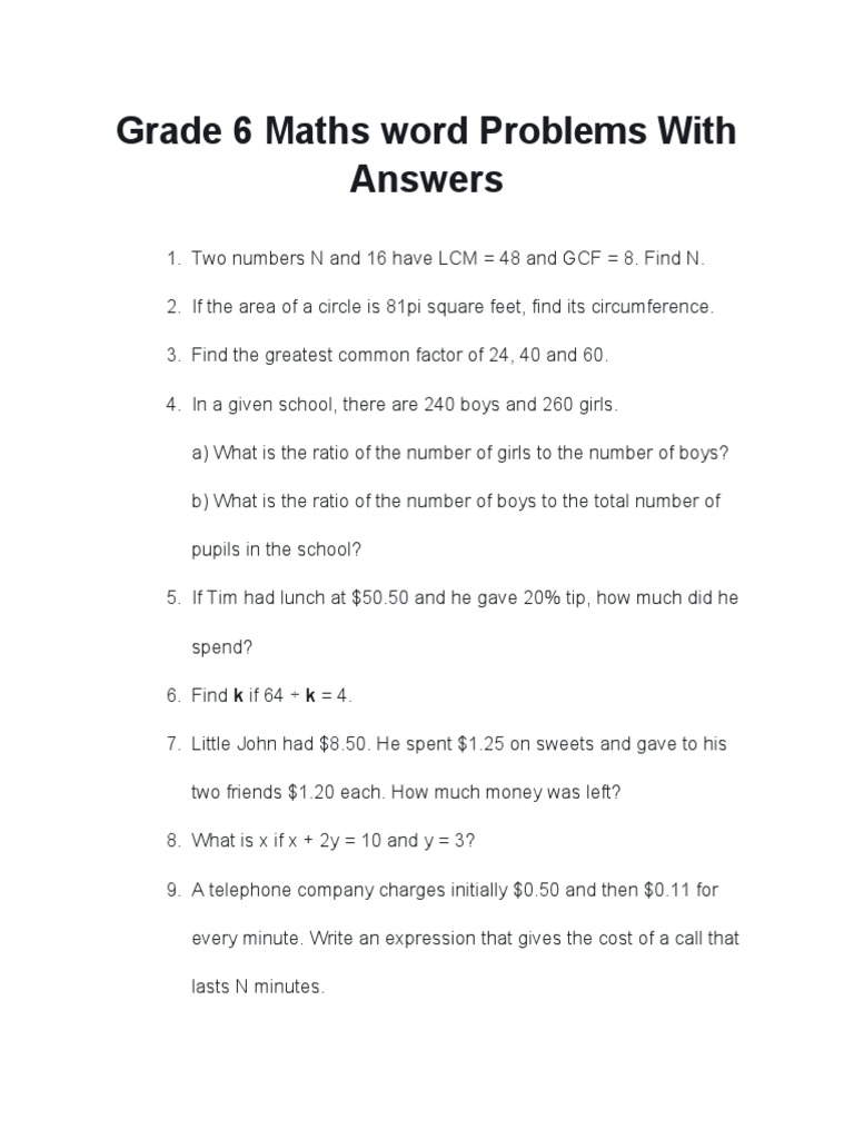 Grade 6 Math Word Problems Free