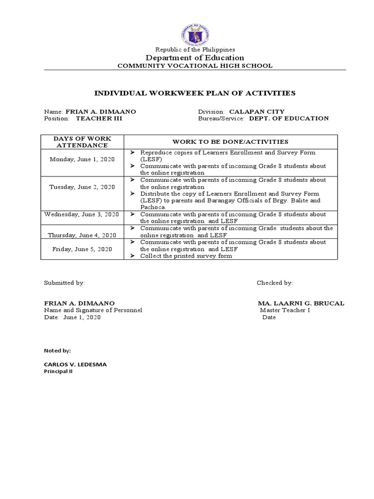 Department of Education: Individual Workweek Plan of Activities | PDF ...