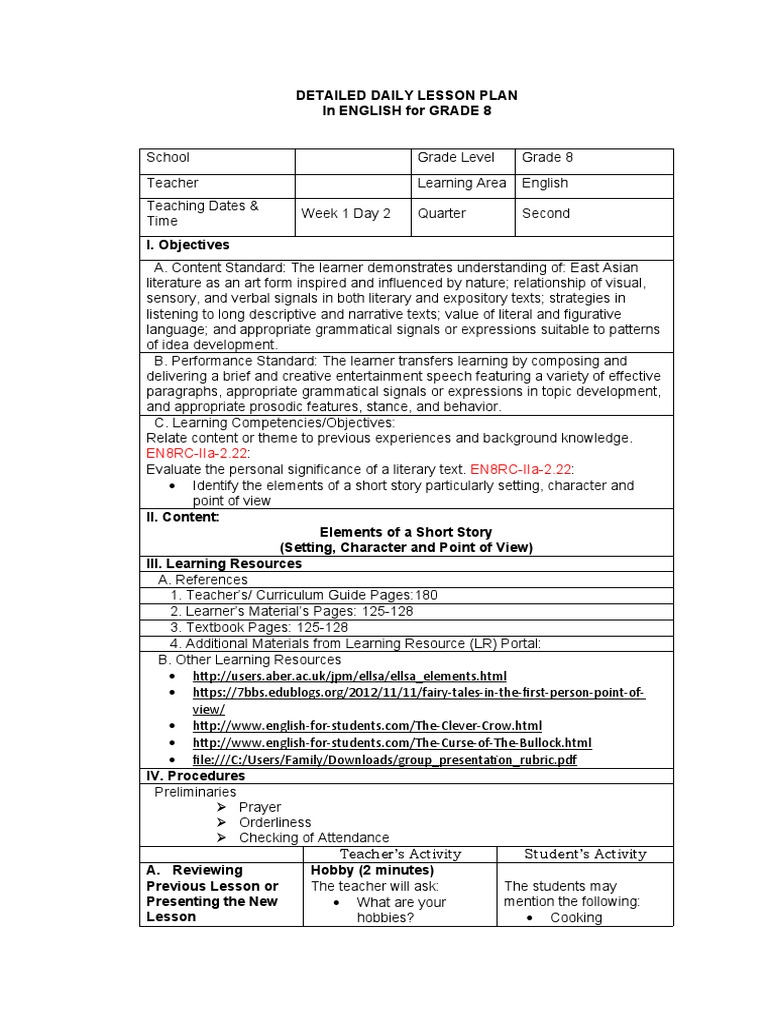 DLP wk1 Day2 Elements of Short Story | PDF | Narration | Teachers