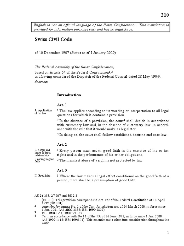 Swiss Civil Code Overview 2020 | PDF | Domicile (Law) | Burden Of Proof ...