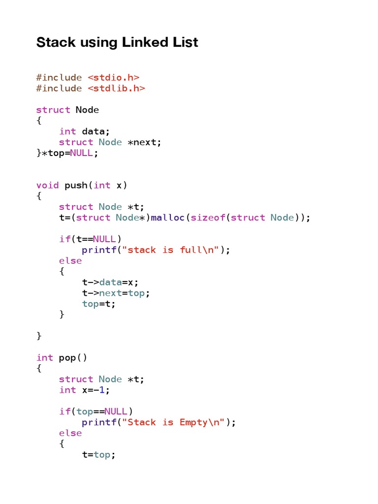Linked List Stack Implementation in C | PDF