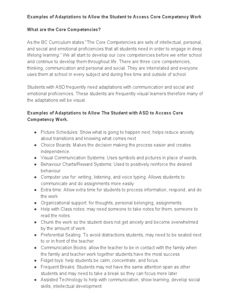 Examples of Adaptations To Allow The Student To Access Core Competency ...