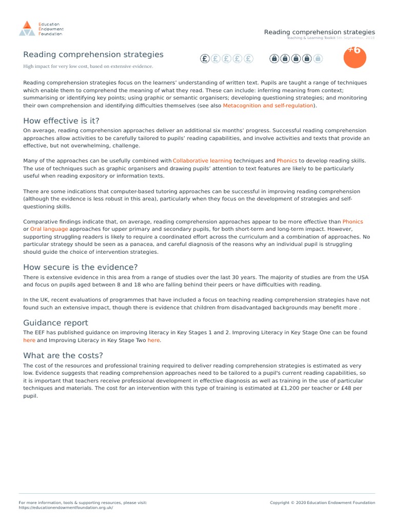 EEF Reading Comprehension Strategies PDF | PDF | Meta Analysis ...