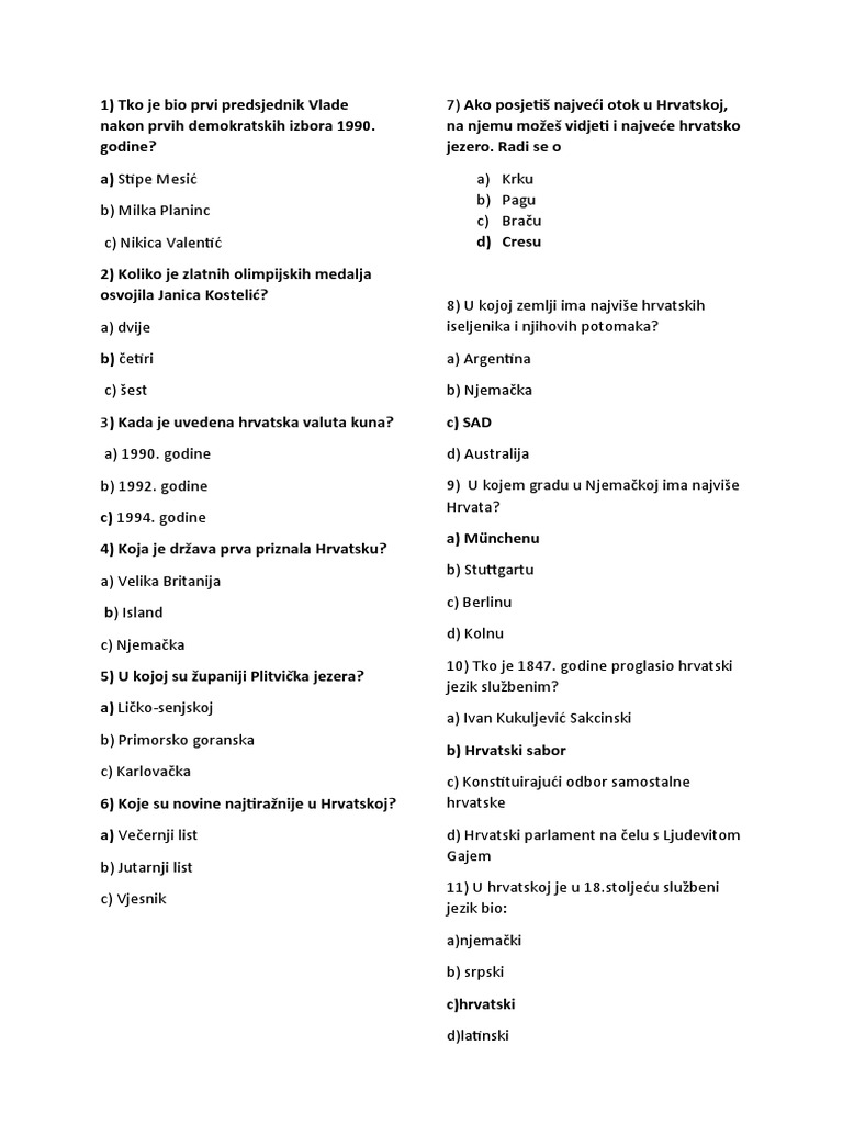 Kviz Znanja o Hrvatskoj - Kviz | PDF