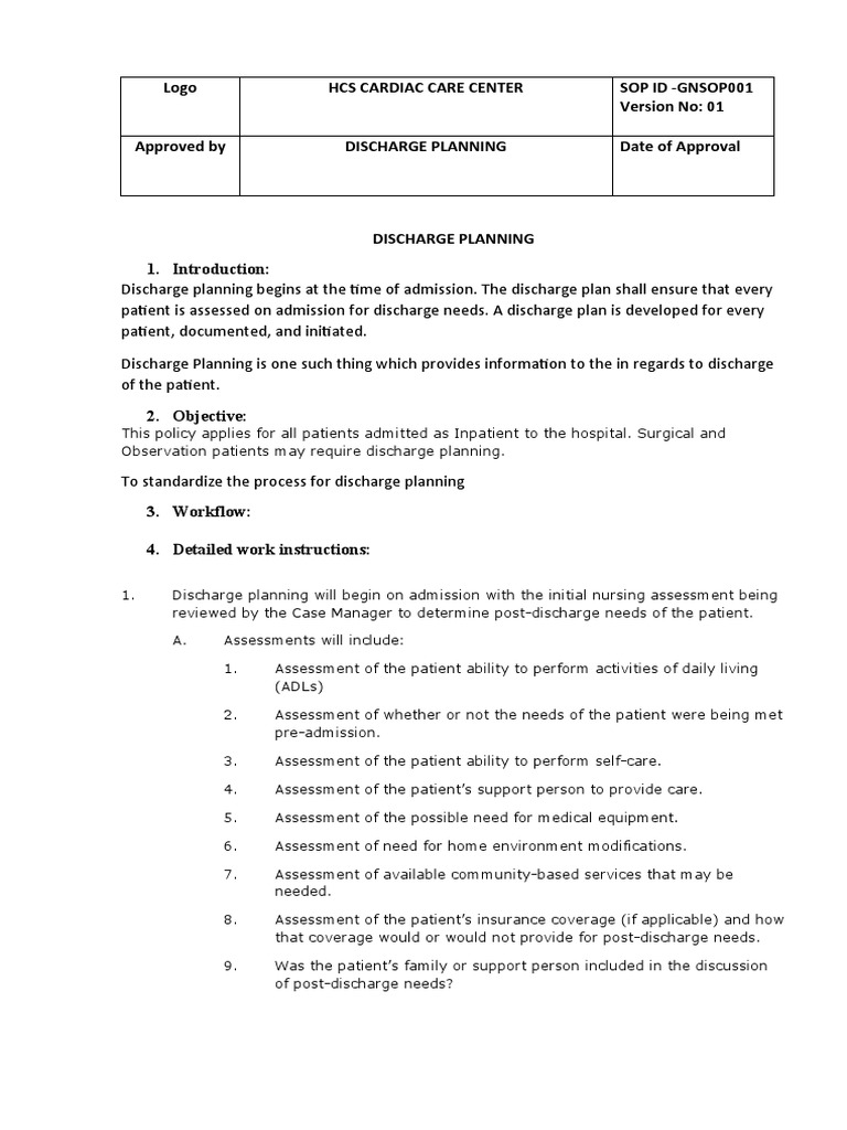 SOP For Discharge Planning (Nursing) | PDF | Patient | Nursing Home Care