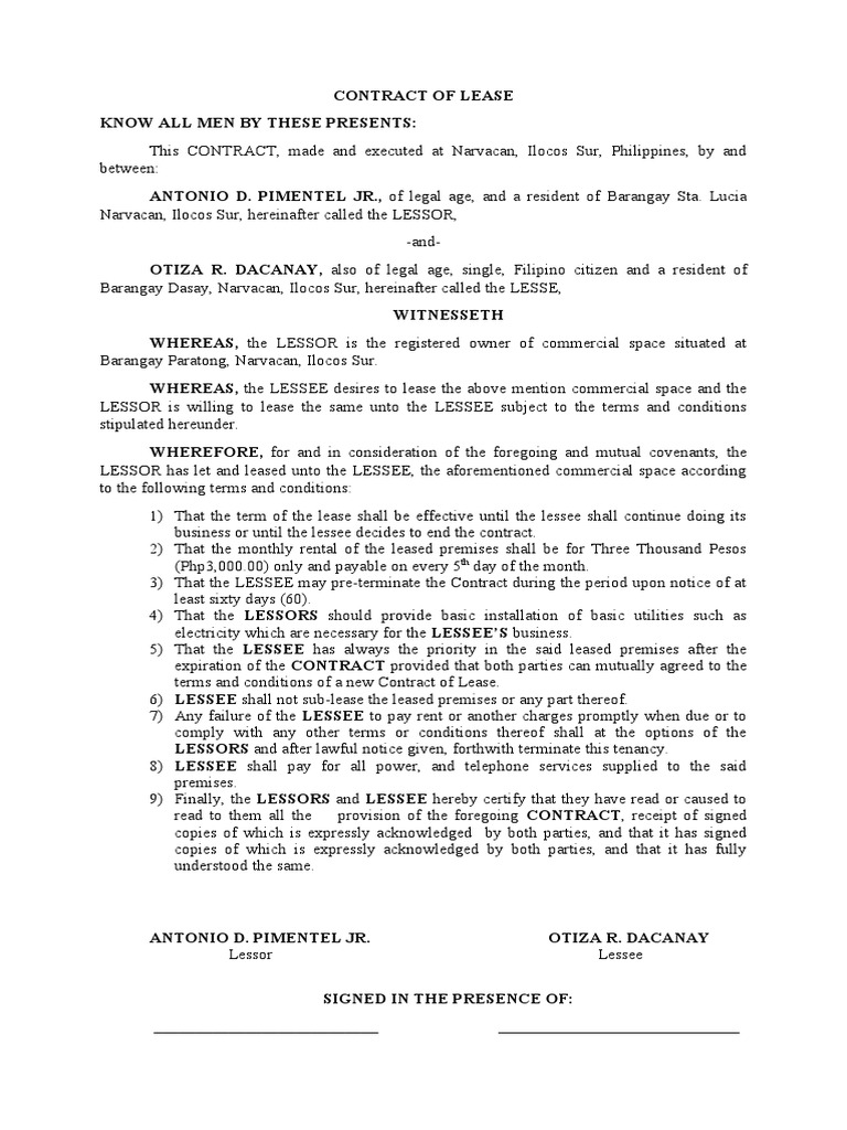 CONTRACT OF LEASE OF A STALL Sample | PDF | Landlord–Tenant Law | Lease