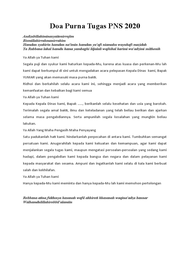 Doa Purna Tugas PNS untuk Pegawai Pensiun | PDF