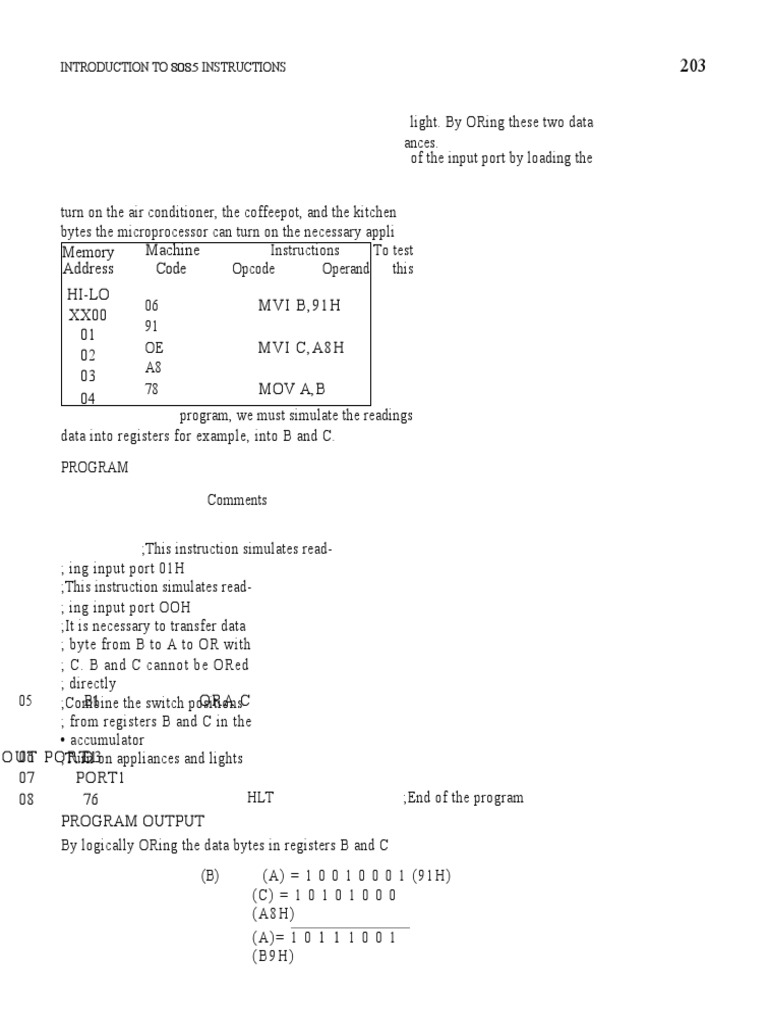 Memory Address Hi-Lo XX00 01 02 03 04 Machine Code MVI B, 91H Mvi C, A8H Mov A, B | PDF ...