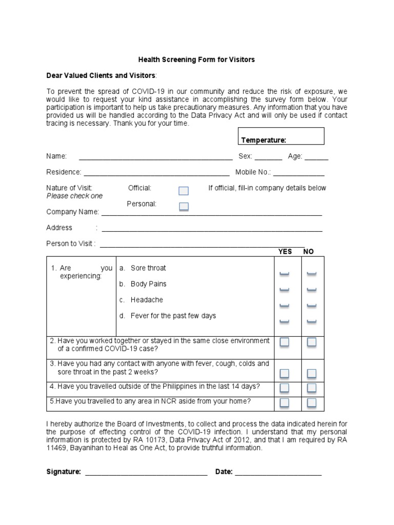 Visitor Health Screening Form | PDF | Career & Growth | Business