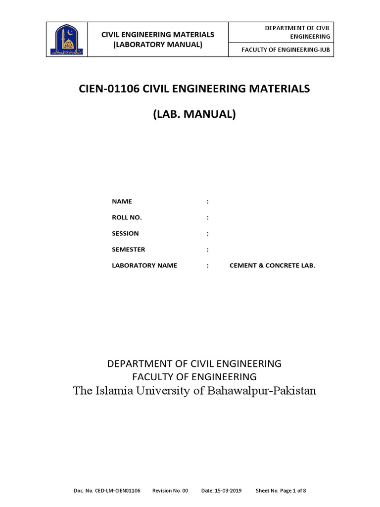 Cien-01106 Civil Engineering Materials (Lab. Manual) : The Islamia ...