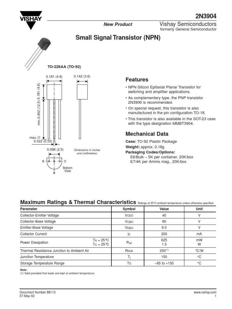 Transistor 2n3904 Datasheet | PDF | Bipolar Junction Transistor | Transistor