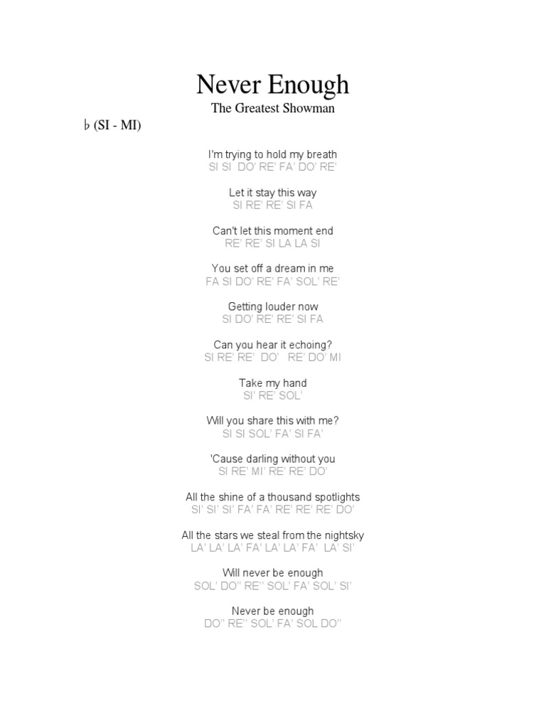 Never Enough Lyrics - The Greatest Showman | PDF