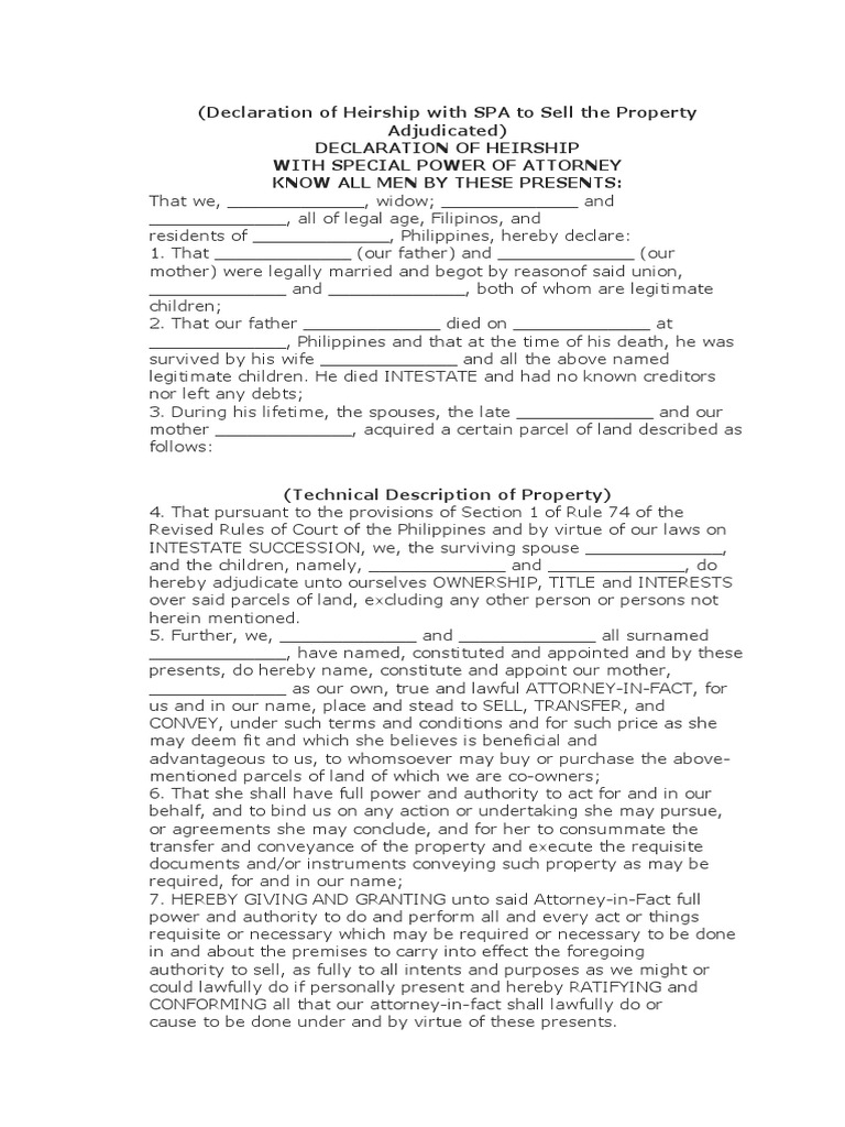 Declaration of Heirship with SPA for Sale | PDF | Intestacy | Power Of ...