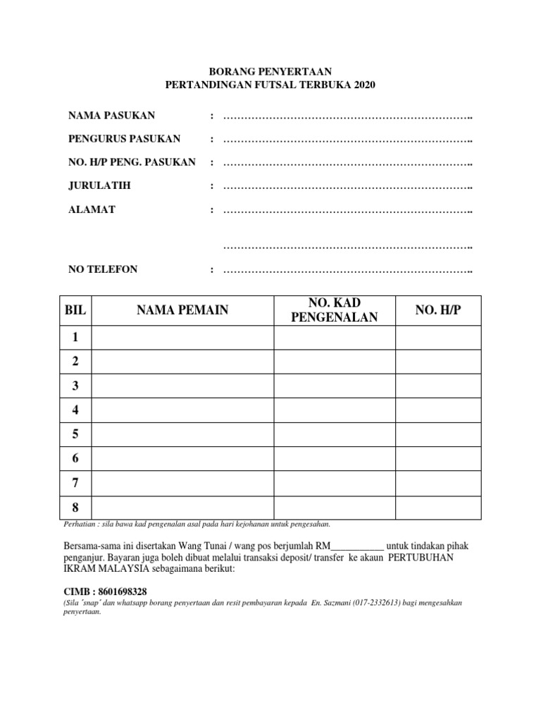 Borang Penyertaan Futsal | PDF
