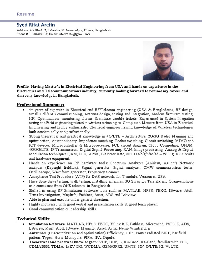 Syed Rifat Arefin: Professional Summary | PDF | 4 G | Telecommunication