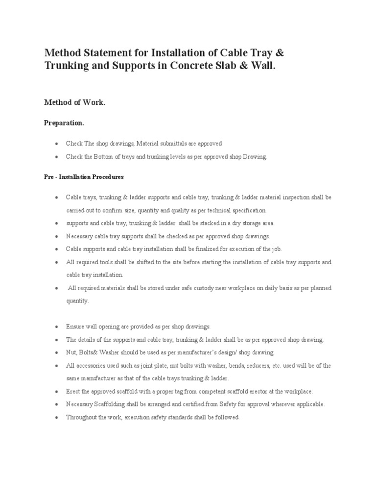 Cable Tray Installation Method Statement | PDF | Screw | Scaffolding