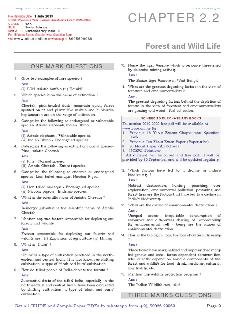 Forest and Wild Life: One Mark Questions | PDF | Wildlife | Biodiversity