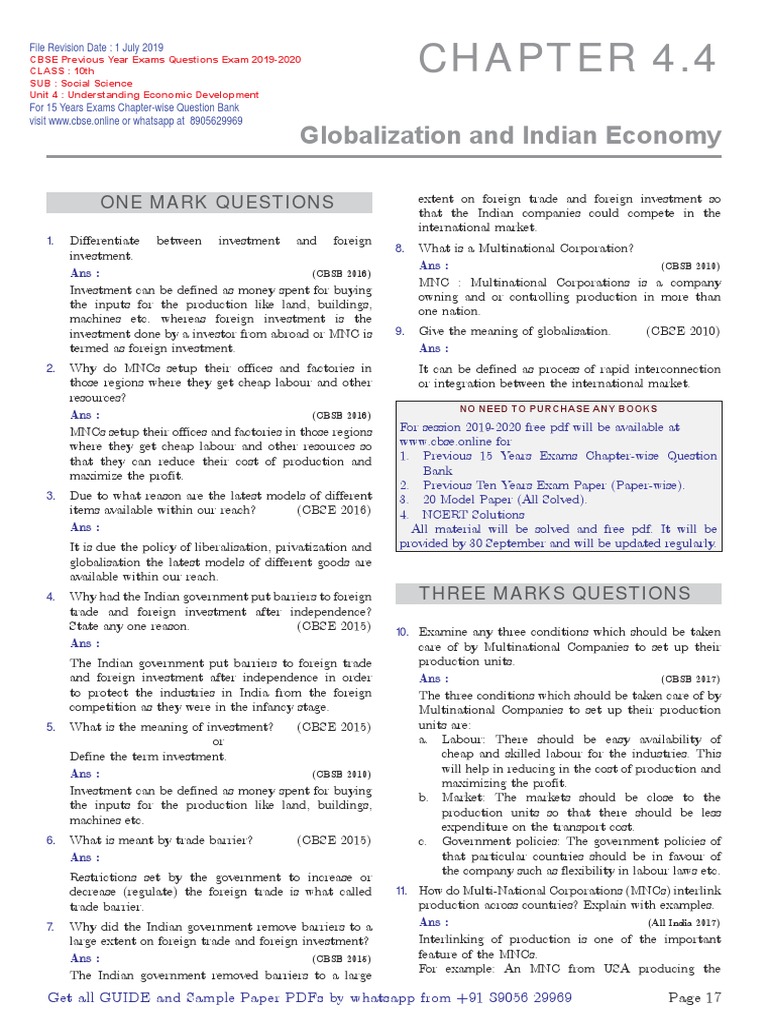 Globalization and Indian Economy: One Mark Questions | PDF | Multinational Corporation ...