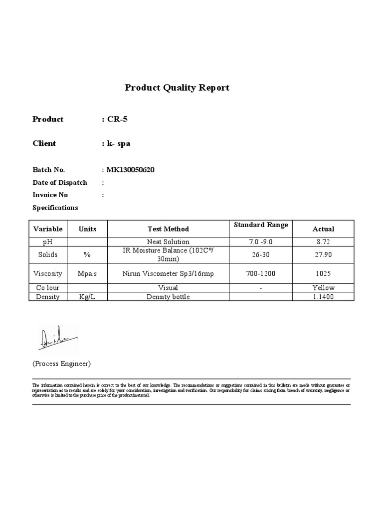 Product Quality Report: Product: CR-5 Client: K-Spa | PDF