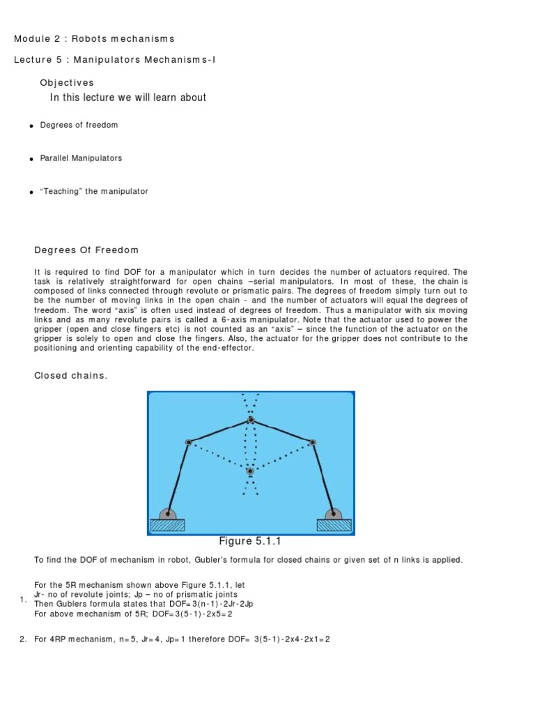 In This Lecture We Will Learn About: Module 2: Robots Mechanisms Lecture 5: Manipulators ...