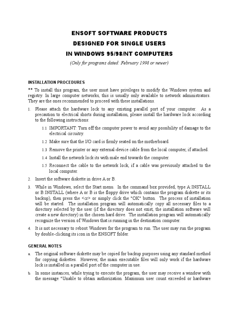 Ensoft Software Products Designed For Single Users in Windows 95/98/Nt ...