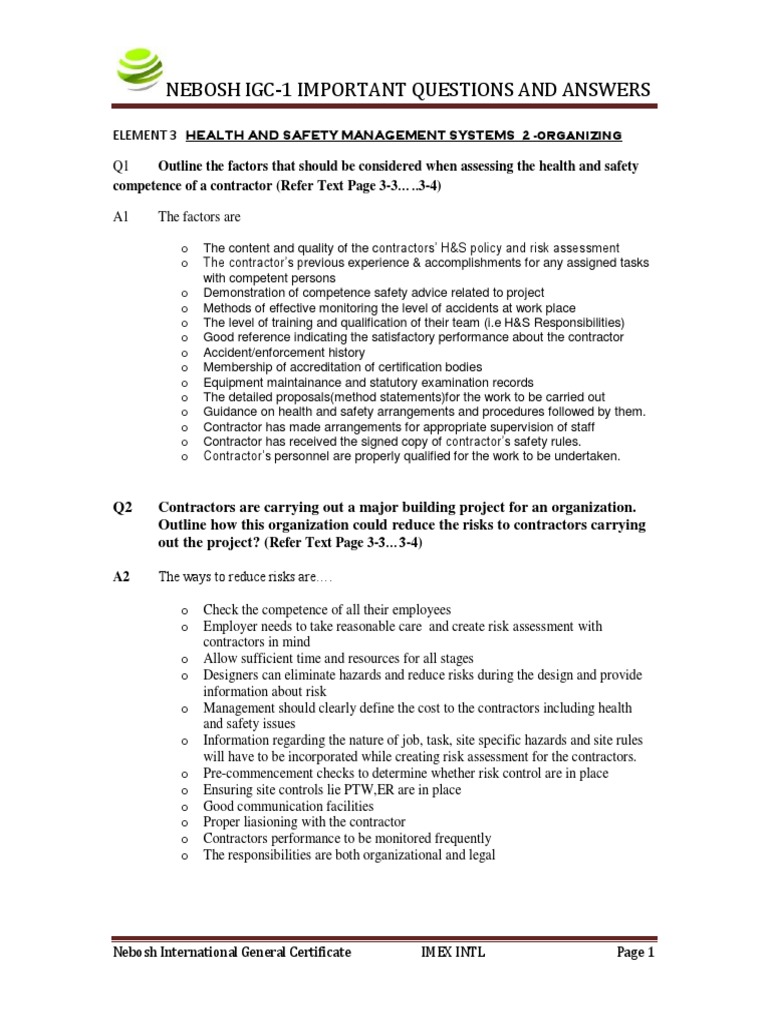 Nebosh Igc-1 Important Questions and Answers | PDF | Occupational Safety And Health | Safety