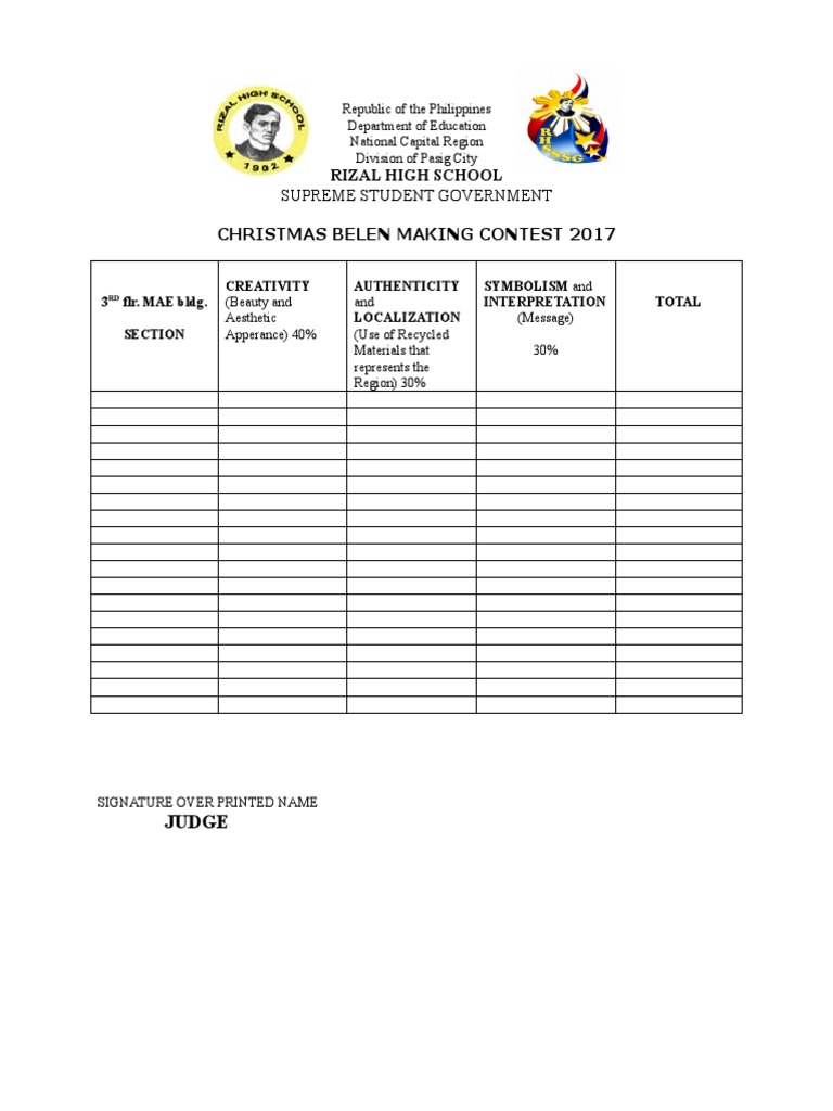 Rizal High School Christmas Belen Making Contest 2017: Supreme Student ...