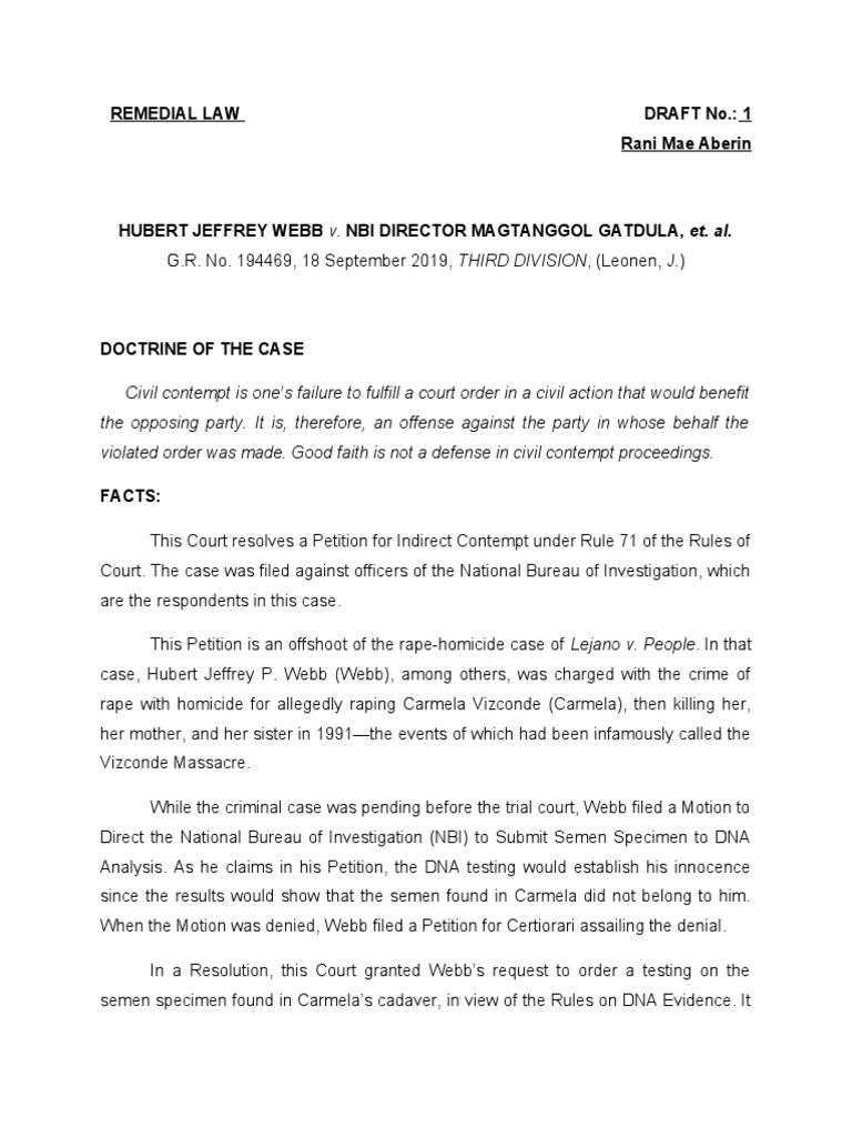 REMEDIAL LAW - HUBERT WEBB v. NBI DIRECTOR GATDULA - Aberin | PDF ...