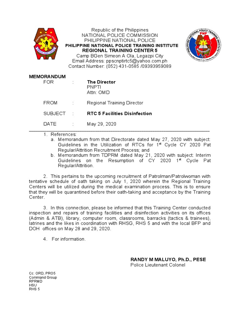 RTC 5 Facilities Disinfection Memo | PDF | Career & Growth | Finance ...