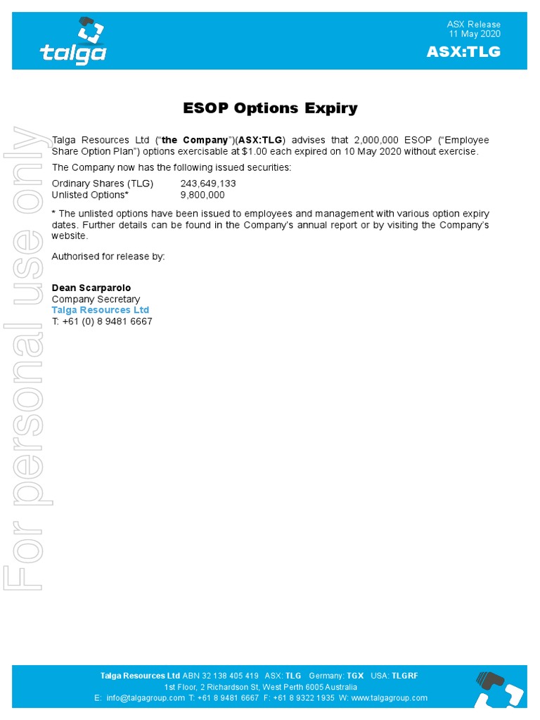ESOP Options Expiry: Asx:Tlg | PDF