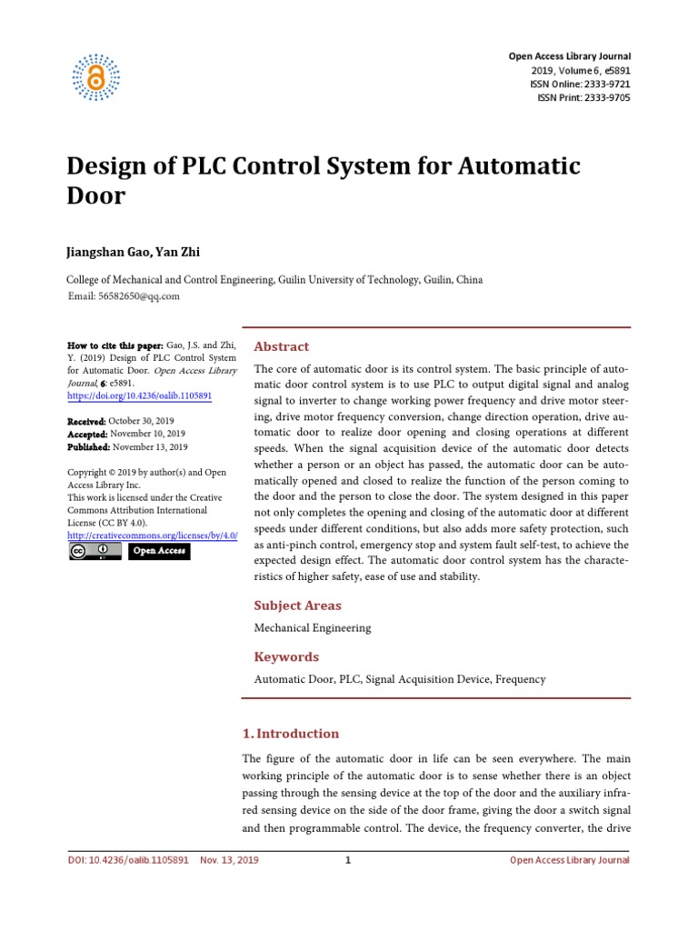 Design of PLC Control System For Automatic Door: Jiangshan Gao, Yan Zhi ...