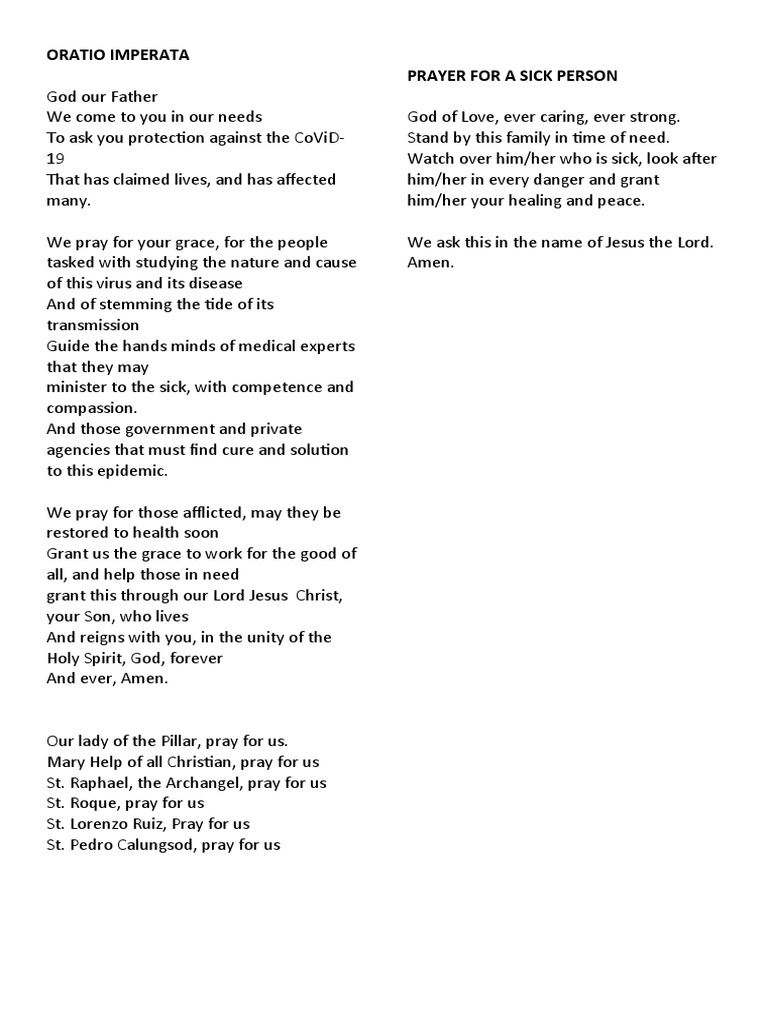Oratio Imperata Prayer For A Sick Person | PDF