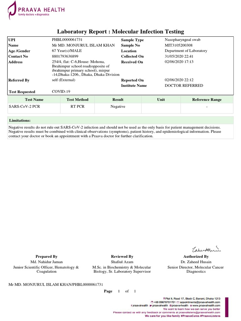 COVID-19 Test Report for Patient | PDF | Science & Mathematics