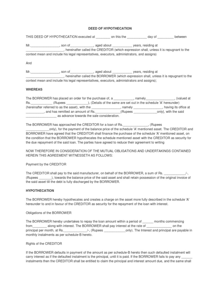 Deed of Hypothecation | PDF | Debtor | Debt