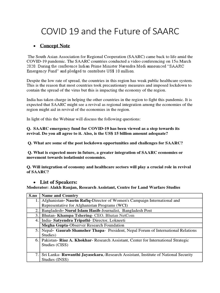 COVID 19 and The Future of SAARC: - Concept Note | PDF | Politics | Social Science