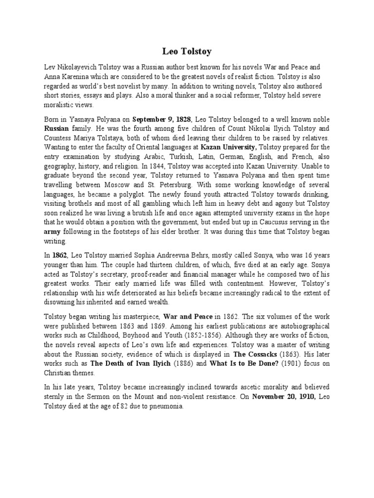 Leo Tolstoy: Russian Family. He Was The Fourth Among Five Children of ...